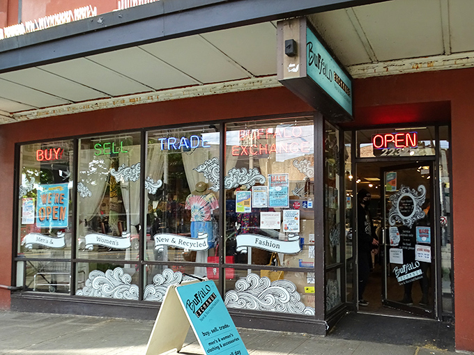 Buffalo Exchange's storefront beckons with neon promises of vintage treasures and yesterday's fashion statements made new again.