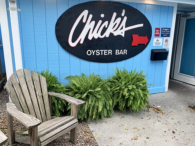 Chick's bright blue exterior and Adirondack chair welcome say, "Kick back, relax, and prepare for oyster nirvana."