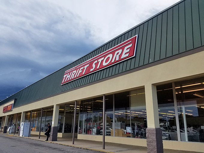 "THRIFT STORE" in bold red letters &ndash; the universal signal that adventure and unexpected finds await the curious shopper.