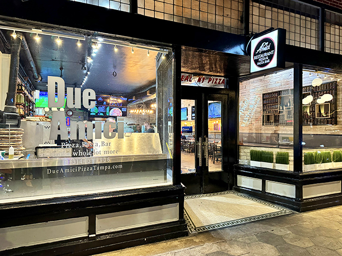 Due Amici's urban exterior says "cool pizza joint ahead"&mdash;like finding a slice of Brooklyn tucked into Tampa's vibrant streets.