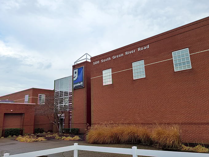 Brick fortress of frugality! This Goodwill Outlet building might look serious, but inside is a playground for bargain seekers.