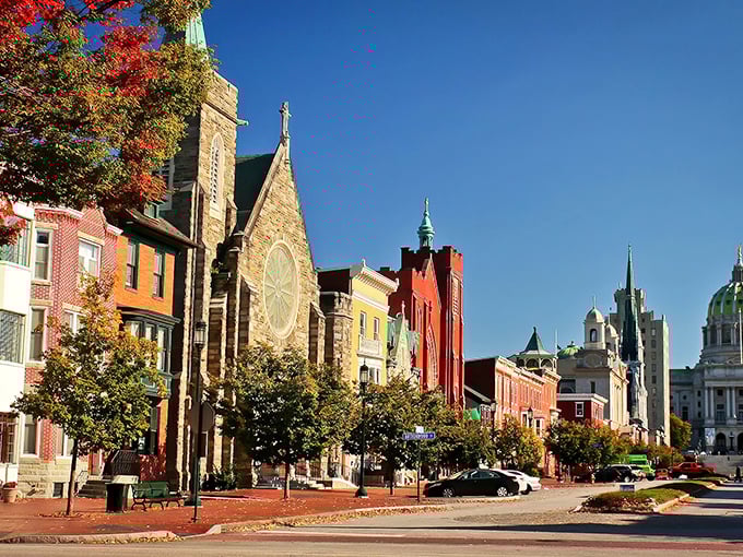 Harrisburg's historic downtown square glows, when government buildings transform from imposing to enchanting.