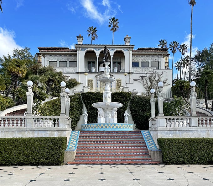 Now that's an entrance! Hearst Castle's grand staircase and fountains set the stage for the opulence waiting inside.