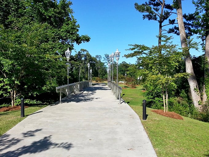 Stroll across this charming bridge in Jacksonville, where elegant lamp posts and lush greenery create a peaceful path for you.