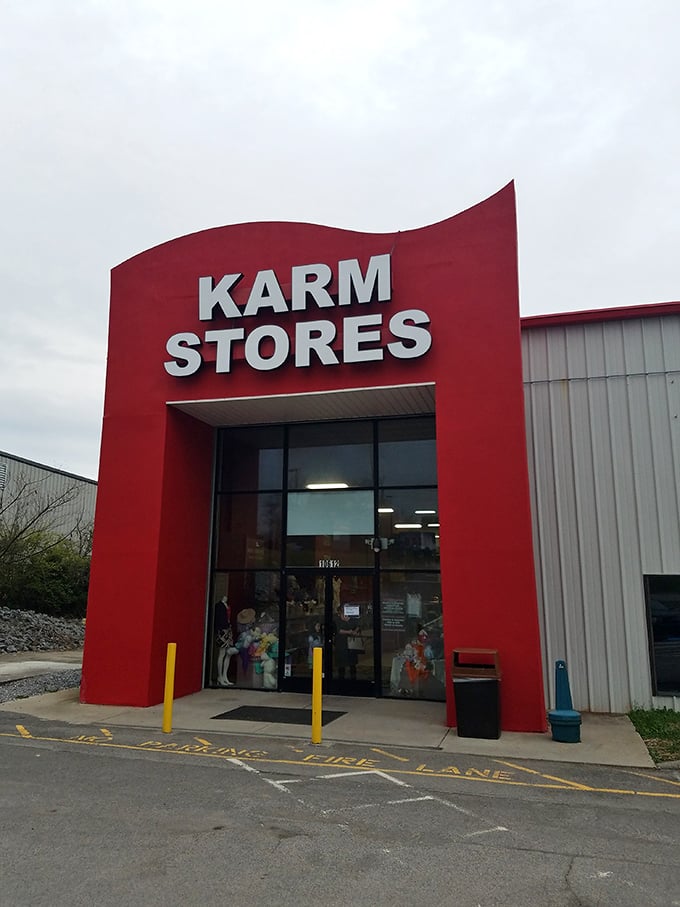 The big red welcome! KARM's bold entrance stands out like a beacon for bargain hunters ready to dive into treasure hunting.
