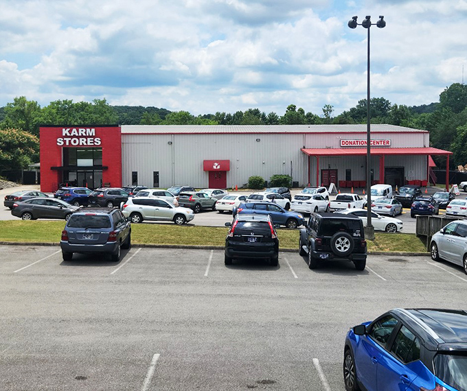 Bargain hunter's dream destination! KARM's impressive red storefront hints at the treasure trove of deals waiting inside.