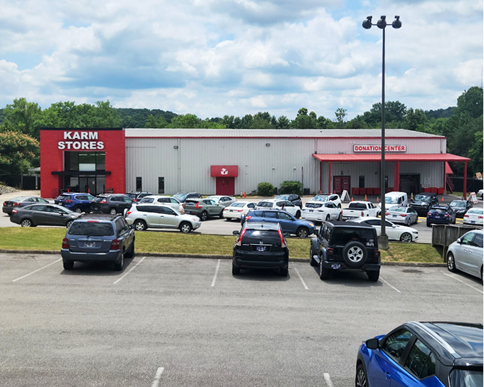 KARM's bold red entrance stands like a beacon of bargains, promising treasure hunters a thrifting adventure of epic proportions.