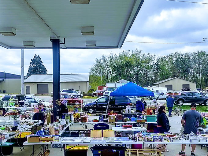 Tables loaded with treasures under the shelter at Lyons Flea Market. One person's random stuff is another's perfect find!