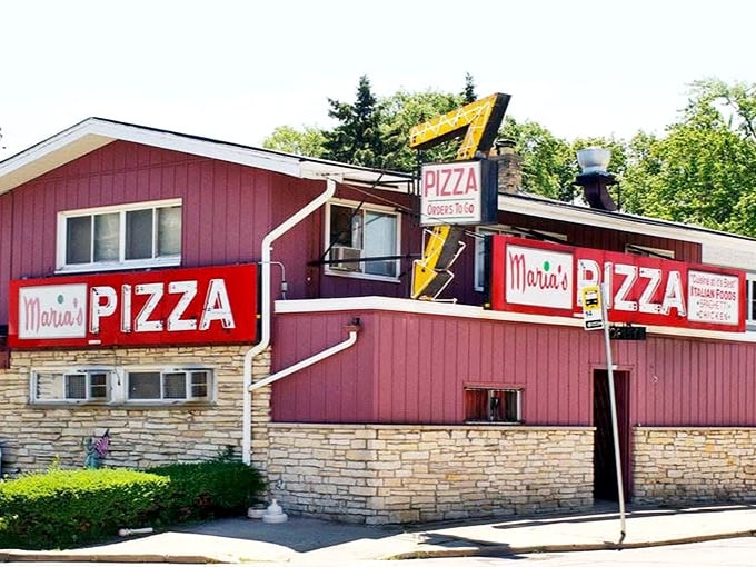 Maria's pink palace of pizza looks like it was beamed straight from 1975, and we wouldn't have it any other way.