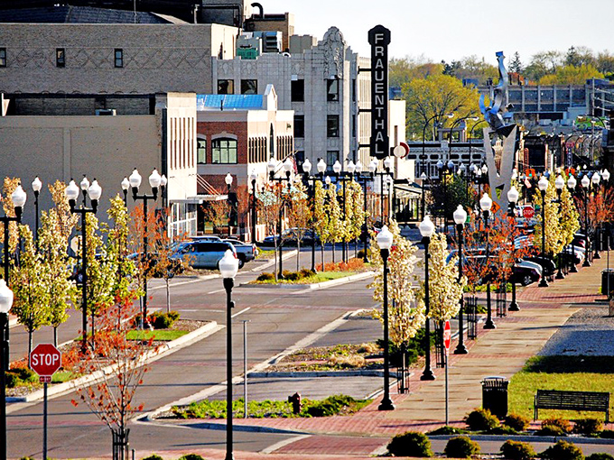 The Frauenthal Theater marquee lights up downtown Muskegon, where entertainment doesn't have to break the retirement bank.