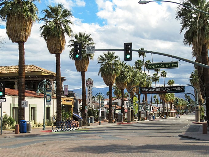 Palm Springs' sun-drenched streets lined with swaying palms—where even the utility poles wear tropical outfits.