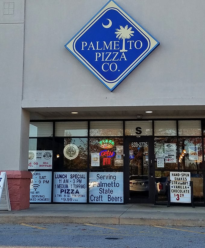 Palmetto Pizza proudly displays South Carolina's iconic symbol, promising local flavor in every bite of their hand-crafted pies.
