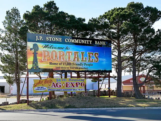 "Home of 17,000 friendly people (and three or four old grouches)" &ndash; Portales' welcome sign delivers New Mexico humor with a side of small-town charm.