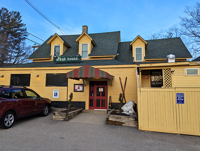 The yellow steakhouse that could! This cheerful building stands ready to rescue hungry hikers with perfectly seared salvation.