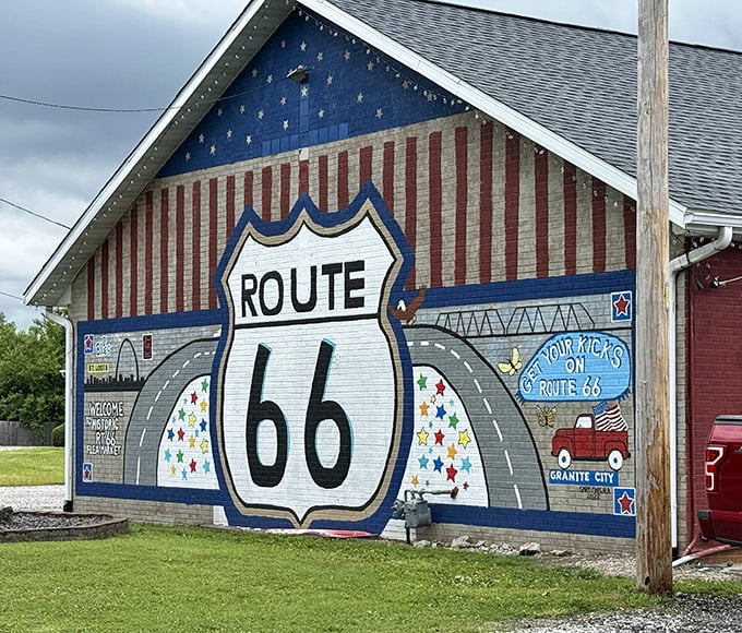 This patriotic Route 66 mural isn't just wall art&mdash;it's a siren call to road trip enthusiasts and nostalgia seekers.