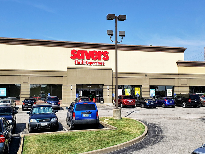 Savers stands proud in this shopping center, its bold red sign a declaration: "Bargains live here!"