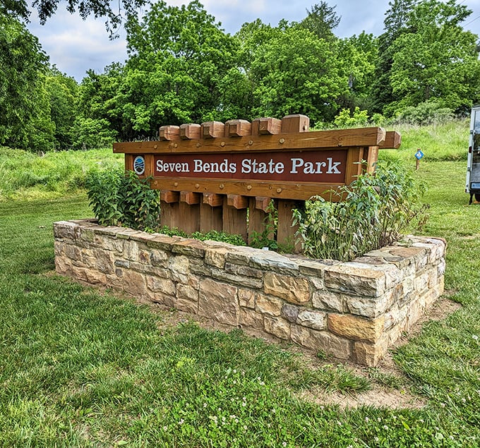 Seven Bends State Park's entrance sign might be humble, but the natural wonders beyond it are anything but ordinary.