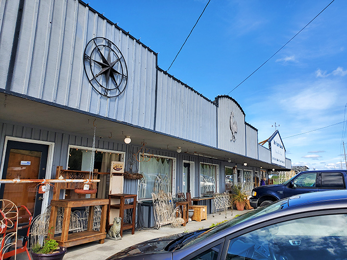 Retail therapy, rural style! This blue-striped market tunnel feels like walking through a portal to affordable retail bliss.