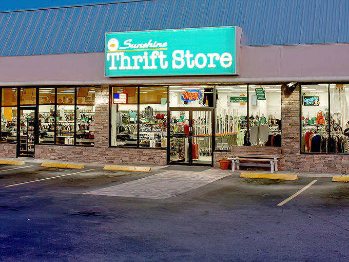 Sunshine Thrift's turquoise sign with its flamingo logo perfectly captures Florida's cheerful bargain-hunting spirit.