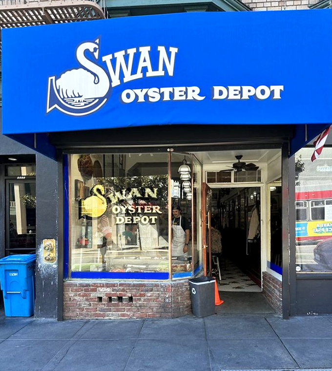 Swan Oyster Depot's bright blue awning – San Francisco's version of the pearly gates for seafood lovers.