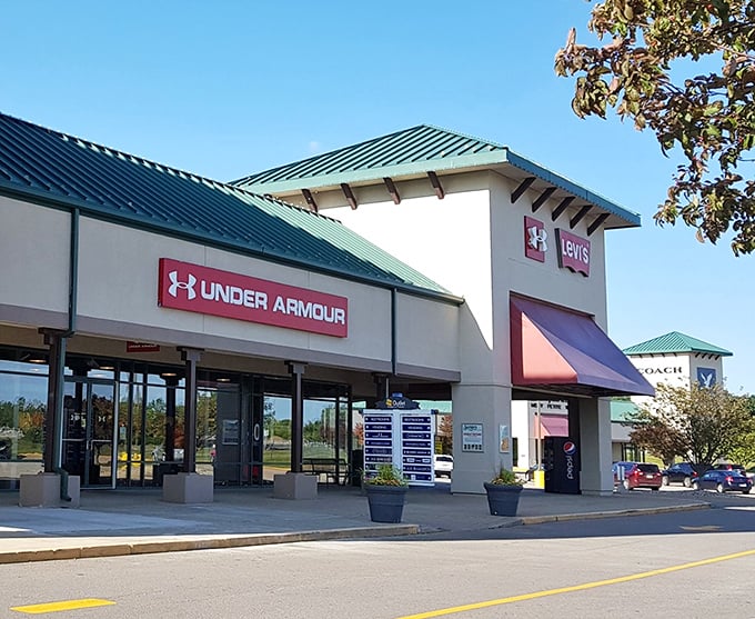 The no-nonsense exterior of The Outlet Shoppes at Fremont houses serious bargains on brands like Columbia and OshKosh B'gosh.
