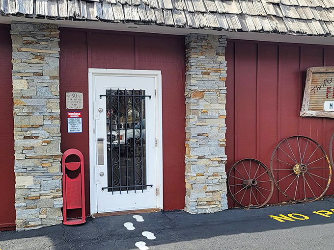 This charming red building with stone accents whispers stories of Iowa's past while promising modern-day treasure hunting adventures.