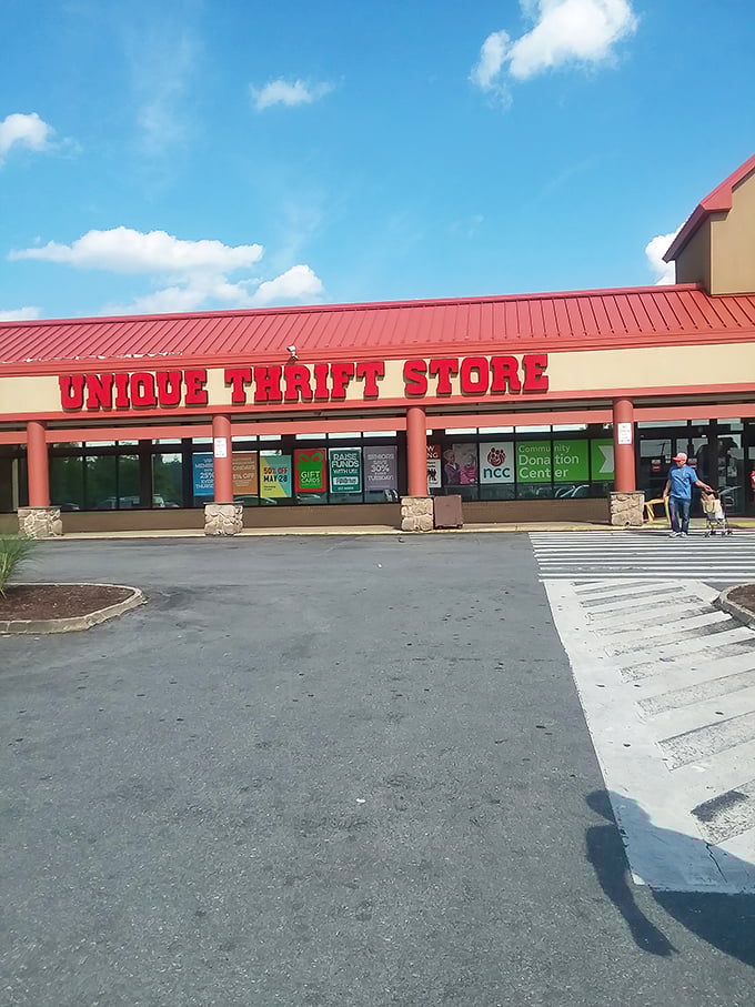 Unique's bold red signage announces itself like a carnival barker for bargains. Step right up to the greatest thrift show in Silver Spring!