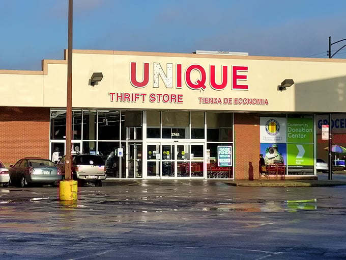 Unique Thrift Store's bold red signage beckons bargain hunters like a lighthouse for the budget-conscious shopper.