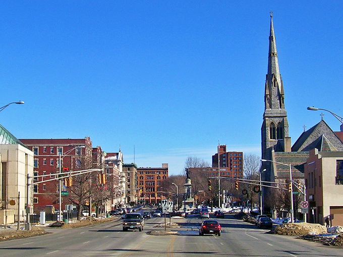 Waterbury's downtown vista showcases its industrial heritage with a mix of historic brick buildings and church spires.