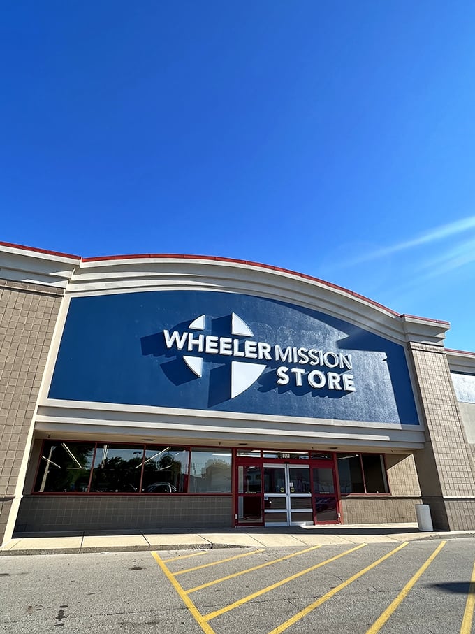 The Wheeler Mission Store's distinctive blue signage promises both amazing finds and the warm fuzzy feeling of shopping for a cause.