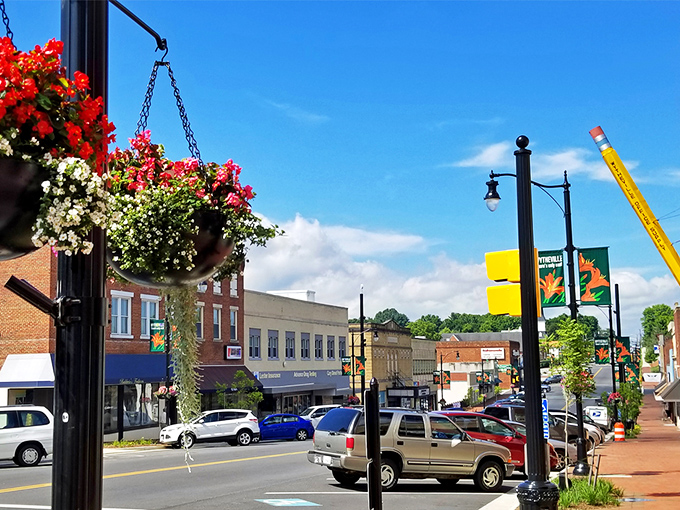 Sun-drenched streets in Wytheville invite you to wander past colorful flower baskets and charming storefronts on a beautiful, clear day.