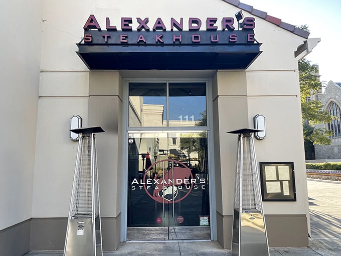 The sleek entrance promises culinary adventure ahead. Like finding a portal to steak nirvana in plain sight!