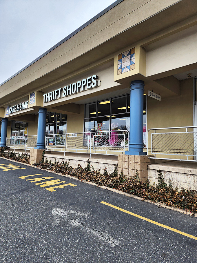 "Blue columns frame the entrance to bargain paradise. Care & Share's thoughtful layout makes treasure hunting a breeze."