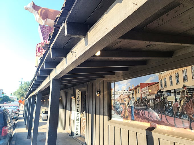 Historic murals line Cattlemen's exterior, telling stories of Fort Worth's cattle heritage. Inside, your steak continues the conversation.