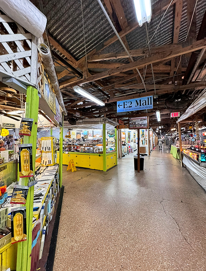 Bright pavilions protect shoppers while they hunt for everything from beach balls to work gear.