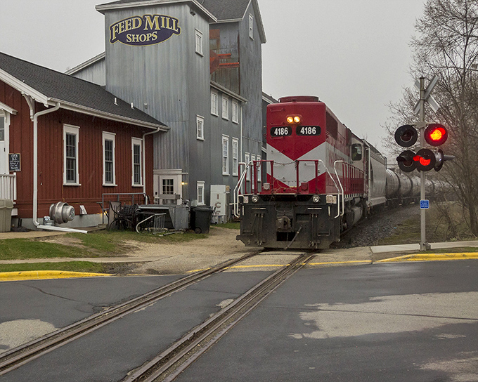A glimpse of Elkhart Lake's main drag where the Feed Mill Shops meet the railroad. History and shopping in one spot!