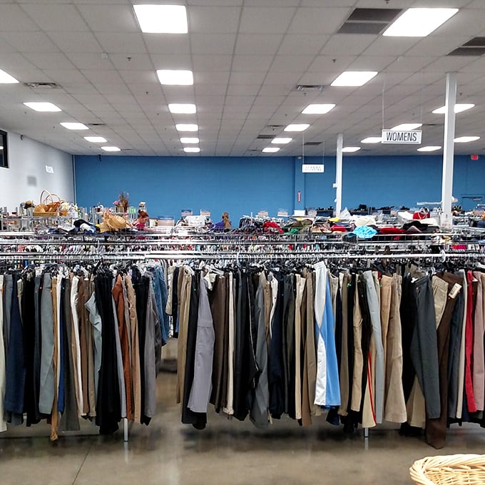 Rows upon rows of carefully organized clothing await&mdash;like a department store where everything has a story.