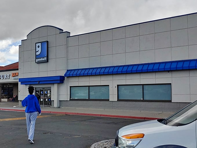 Someone's heading into thrift paradise! Goodwill's clean lines and spacious parking lot hint at the vast treasures waiting inside.