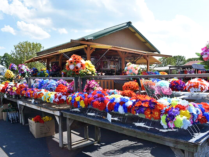 Flower power explosion! These vibrant artificial arrangements are just the colorful tip of the Great Smokies treasure iceberg.