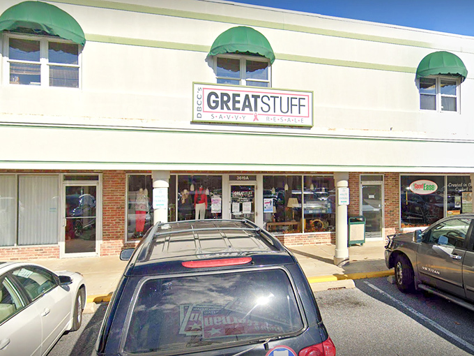 Those distinctive green awnings at Great Stuff signal you've arrived at Wilmington's boutique thrifting experience.