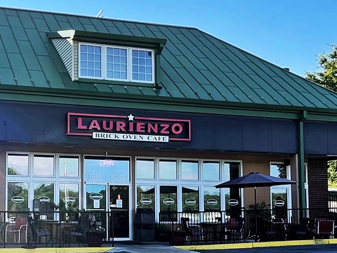 Outdoor tables with cherry-red umbrellas - the perfect stage for watching steam rise from freshly baked Laurienzo's pies.