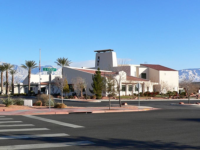 The Southwest architecture of Mesquite's community buildings blends perfectly with those magnificent desert mountains beyond.