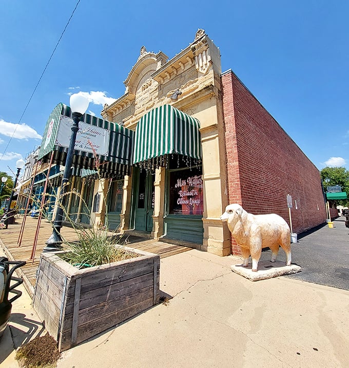 That sheep statue stands guard outside Miss Hattie's like a woolly maitre d'. History and flavor in one stop.