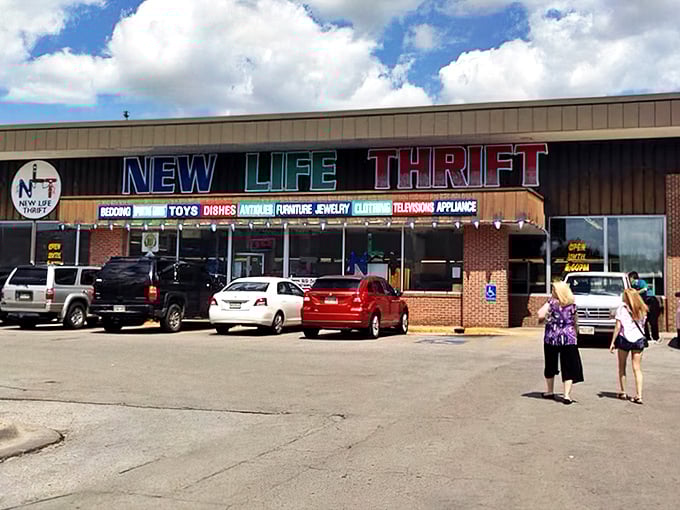 Colorful signage announces a rainbow of possibilities inside. Records, toys, and furniture await their second chapter at New Life.