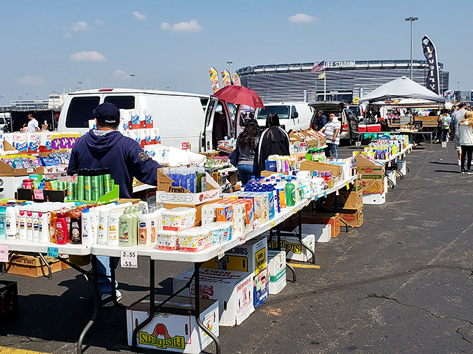 Tables loaded with everyday essentials line up like players on a field at the Meadowlands Market.