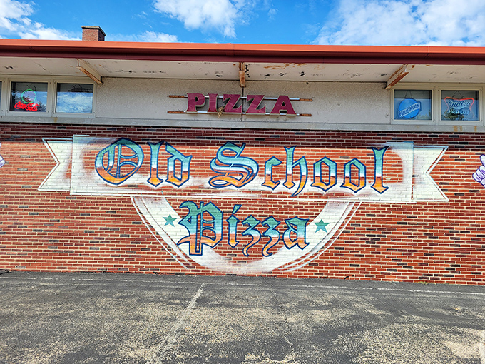 The vintage-style sign says it all: this isn't just pizza, it's a delicious trip down memory lane.