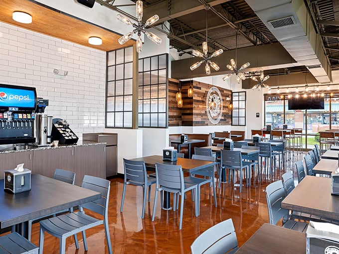 Modern lighting and clean design complement the real star here &ndash; pizza bigger than your appetite.