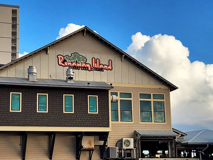 Sunset dinner goals defined. Runaway Island's rustic-chic design makes "running away" to dinner feel like the vacation you deserve.