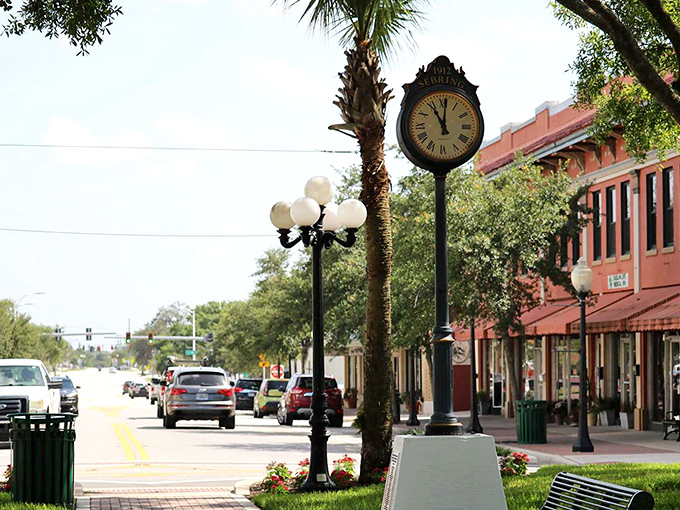 The town clock stands sentinel over Sebring's main street, marking time in this unhurried paradise.