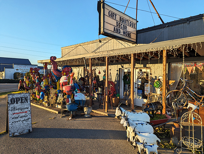 Treasure hunters, unite! Under the watchful eye of a metal star, this rustic shop promises vintage delights and country charm.